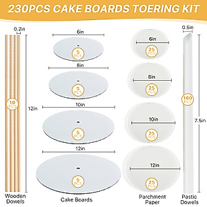 Worldity 230PCS Cake Boards Tiering Kit, 12 Inch,10 Inch, 8 Inch, 6 Inch Cake Cardboard Rounds, Parchment Paper Rounds, Wooden Dowels and Straw Dowels, Cake Plates for Wedding Birthday Party