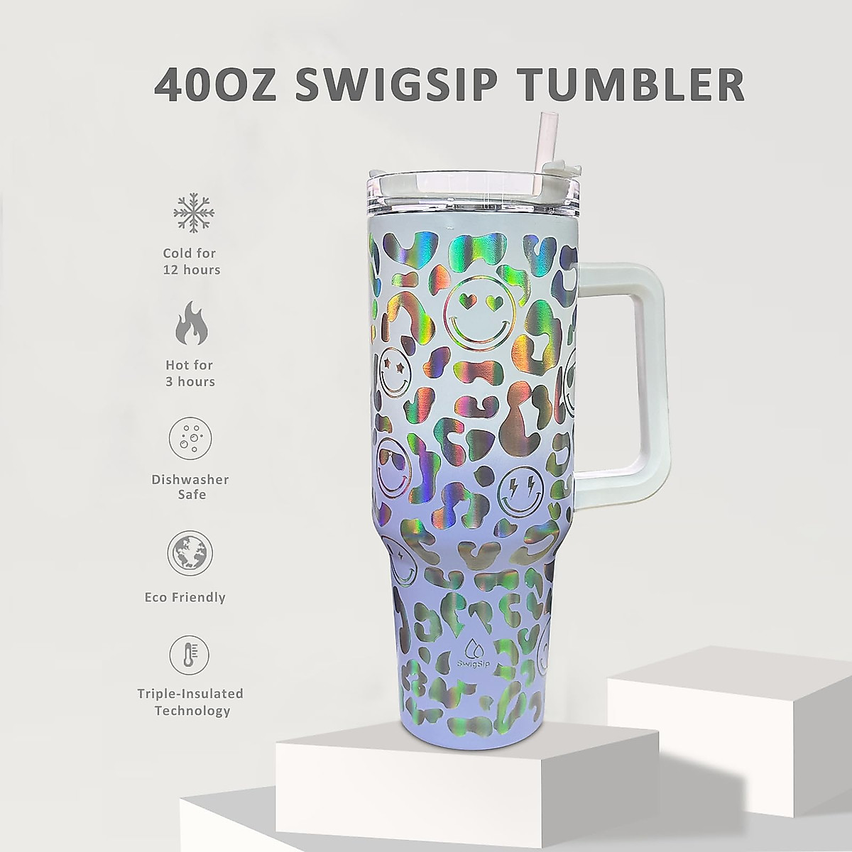 Swig Sip 40oz Leopard Tumbler - Double Wall Stainless Steel Dishwasher Safe Vacuum Insulated Travel Tumblers with Handle & Straw (White Purple)