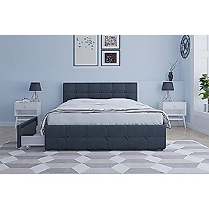 DHP Rose Upholstered Platform Bed with Underbed Storage Drawers and Button Tufted Headboard and Footboard, No Box Spring Needed, Queen, Blue Linen