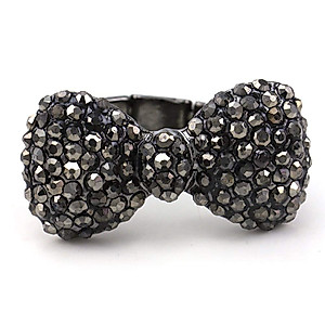 Gray Rhinestone Ribbon Bowtie Party Cocktail Ring Adjustable Stretch Band Valentine's Day Jewelry