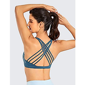 CRZ YOGA Strappy Sports Bras for Women - Criss Cross Back Wireless Padded Yoga Workout Cami Top Petrol Blue Small