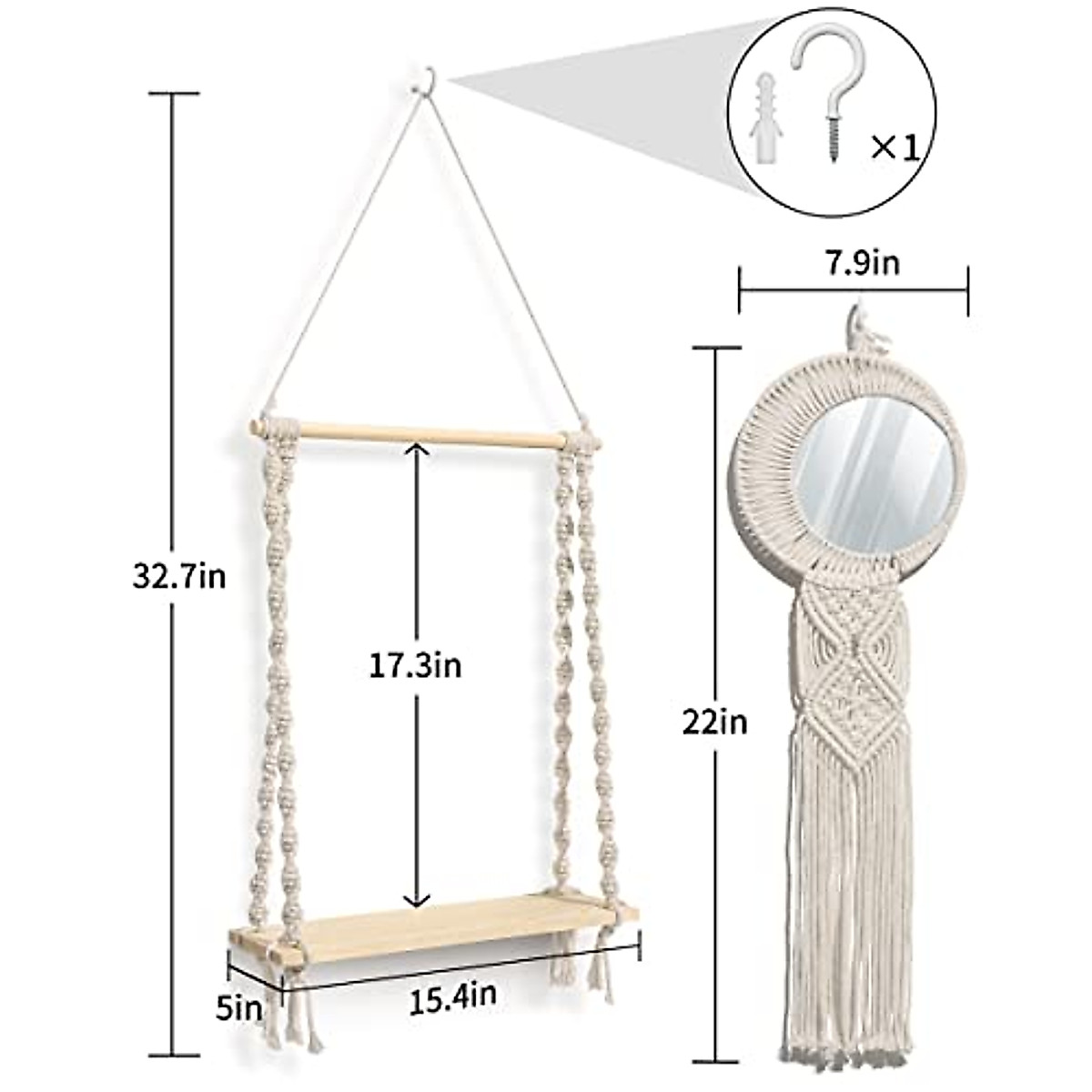 Sonefreiy Macrame Wall Hanging Shelf Boho Rope Shelves with Mirror Dreamcatcher Bohemian Wall Decor for Bedroom, Bathroom, Living Room