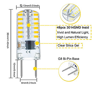 LEKE G8 Bulb T4 G8 bi pin LED Bulb 2.5W Equivalent to G8 Halogen Bulb 20w,G8 LED Dimmable Light Bulb Warm White 3000k,AC 110v 120v 130v(6 Pack)