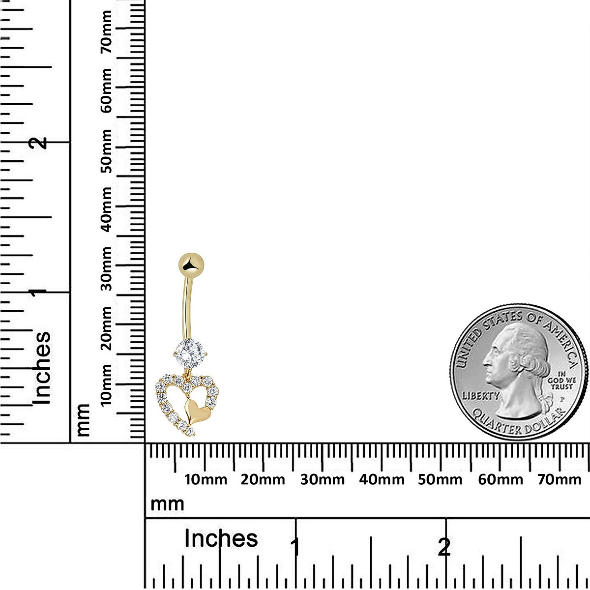 AVORA 10K Yellow Gold Simulated Diamond CZ Dangling Double Heart Belly Button Ring Body Jewelry (14 Gauge)