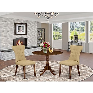 East West Furniture DMGA3-AWA-03 3 Piece Dinette Set for Small Spaces Contains a Round Dining Table with Dropleaf and 2 Brown Linen Fabric Parsons Dining Chairs, 42x42 Inch, Walnut