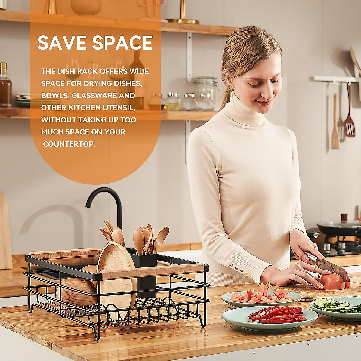 BRIAN & DANY Dish Drying Rack, Dish Racks for Kitchen Counter, Stainless Steel Dish Drainer with Removable Cutlery Holder & Drainboard, Black