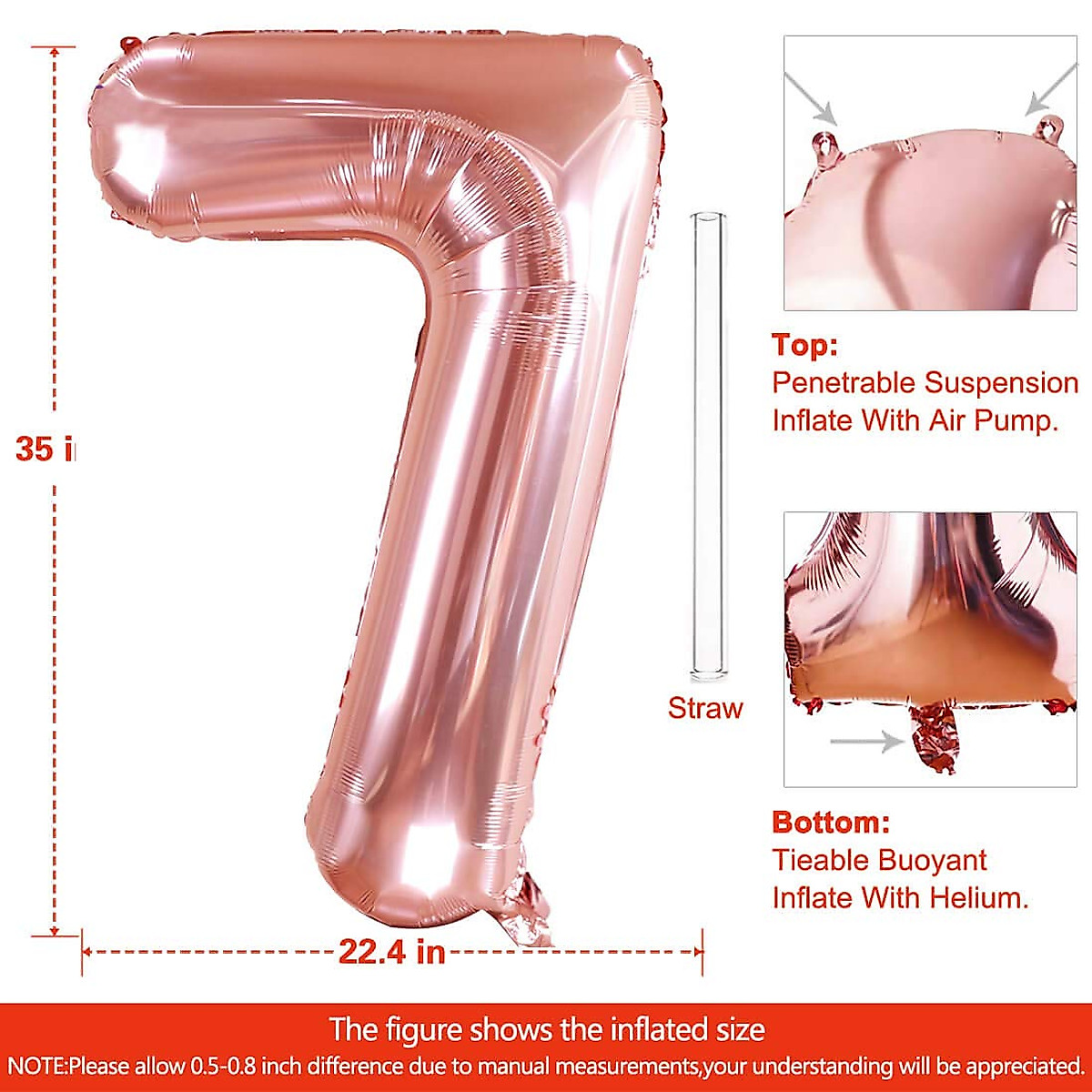 40 Inch Large Rose Gold Number 7 Balloon Extra Big Size Jumbo Mylar Foil Helium Balloons for Birthday Party Celebration Decorations Graduations Wedding Anniversary Baby Shower Supplies Engagement
