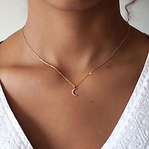 HANLI 14K Gold Plated Moon and Star Necklace for Women - Dainty Gold Jewelry for Women