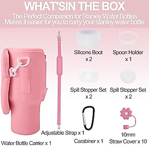 Stanley Cup Accessories Set Including 1Pcs Stanley Carrier Bag, 10 Pcs Straw Cover Cap,Silicone Spill Proof Stopper, 2 Pcs Silicone Boot for 30/40oz Adventure Quencher & Flowstate Tumbler with Handle