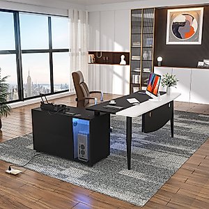 iSunirm L Shaped Desk with File Cabinet& Power Outlet, 55 Inch Large Corner Computer Desks with LED Light Strip, L-Shaped Computer Desk with Cabinet Door and Storage Shelves, Leather Black & White
