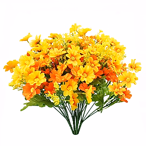 Uieke Artificial Fake Flowers, 6 Bundles Daisy Mums Flowers Outdoor UV Resistant No Fade Greenery Shrubs Plants Indoor Outside Hanging Planter Home Wedding DIY Garden Porch Décor (Orange Yellow)