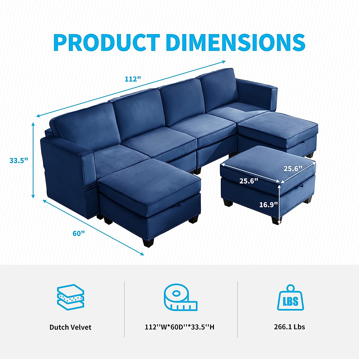 Horgaeo Reversible Sleeper Sectional Sofa, Modular U Shaped Couch with Storage Ottoman, Angle-Adjustable Armrest Velvet Fabric Sofa with Convertible Chaise for Living Room, Apartment, Studio (Blue)