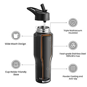 COKTIK Water Bottle Insulated, 32oz Water Bottles Straw Lid, Spout Lid, Cold for 36 Hrs, Hot for 18 Hrs, Cup Holder Friendly Leakproof (Black)