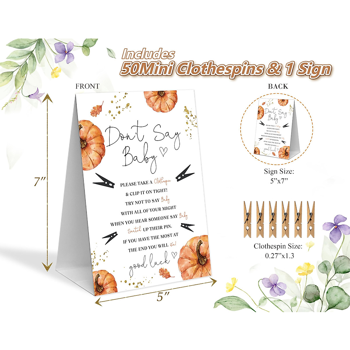 Don't Say Baby Clothespin Game, 1 Sign and 50 Mini Clothespins, Fall Minimalist Pumpkin Baby Shower Decorations, Baby Shower Games, Gender Reveal Games, Gender Neutral Baby Shower Supplies-A21