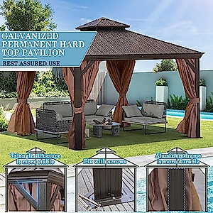 NANONYY 12’ X 12’ Hardtop Gazebo Sturdy Aluminum Construction with Galvanized Steel Double Roof Outdoor Gazebo for Patio, Lawn and Garden. Includes Curtains and Netting .Brown