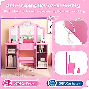 MAT EXPERT Kids Vanity, 2 in 1 Princess Little Girls Vanity with Tri-Folding Mirror, 4 Open Storage Shelves, Wooden Makeup Toddler Vanity Dressing Table, Pretend Play Vanity Set for Girls (Pink)