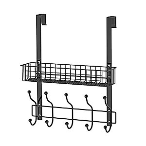 MILIJIA Coat Rack, Over The Door Hanger with Mesh Basket, Detachable Storage Shelf for Towels, Hats, Handbags, Coats (Black)