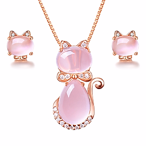 Uloveido Cute Cat Shape Light Pink Crystal Jewelry Set for Women, Studs Earrings and Pendant Necklace for Her Y404