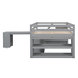 Lifeand Full Size Loft Bed with Retractable Writing Desk and 3 Drawers, Wooden Loft Bed with Storage Stairs and Shelves, Gray