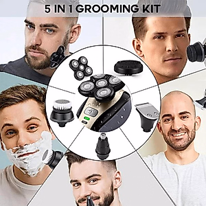 5-in-1 Electric Razor for Men - Head Shaver for Wet Dry Skull Bald Head - Rechargeable Rotary Shavers Cordless Grooming Kit with Beard, Nose, Ear, Body Hair Trimmer, Face Cleaning Brush Gifts for Men