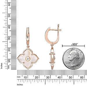 Mother of Pearl Flower Dangle Drop Earrings for Women with Cubic Zirconia in 925 Sterling Silver with Rose Gold Plating Hinged Back by Lavari Jewelers