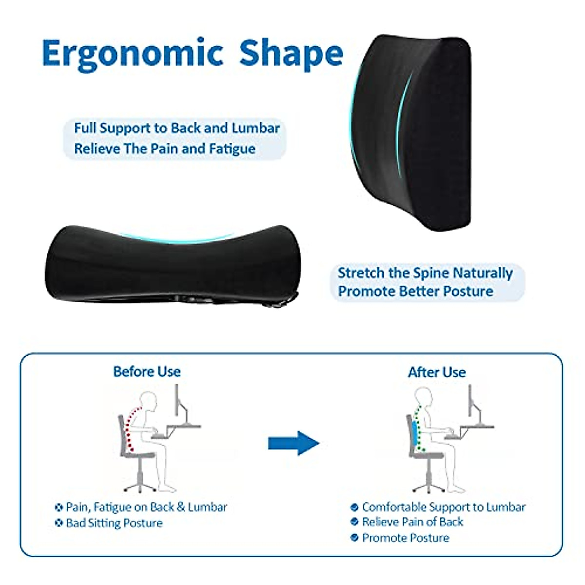 SAIREIDER Comfortable Lumbar Support Pillow for Office Chair, Memory Foam Back Support Pillows for Car、Gaming Chair、 Home Chair, Back Pain Relief Improve Posture, Double Adjustable Straps(Black)