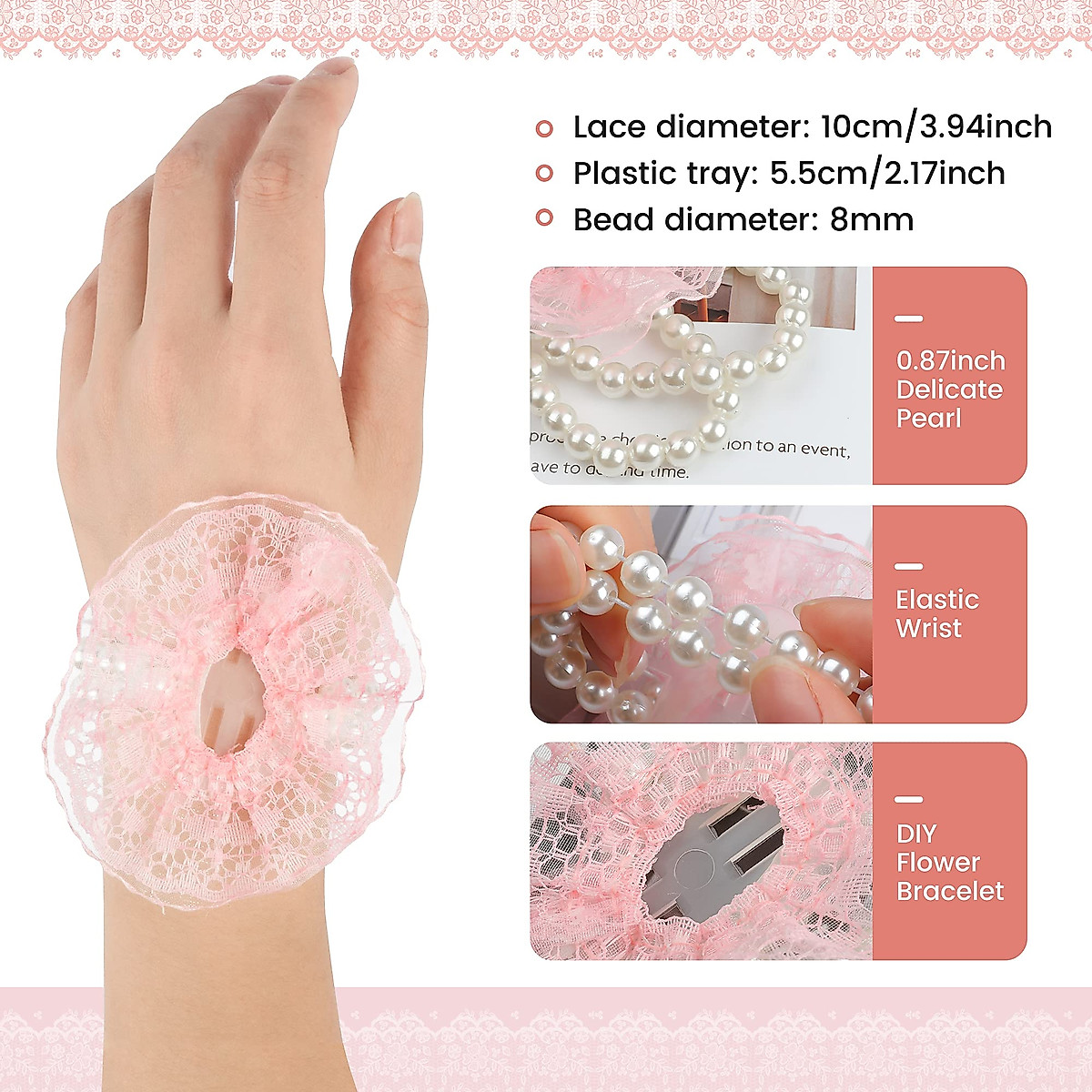 RONRONS 15 Pieces Elastic Pearl Wrist Corsage Bands Wristlets Bracelet Handmade DIY Stretch Wrist Hand Corsages Wristlet for Wedding Bride Bridesmaid Prom Beach Party Daily Wear Accessories (Pink)