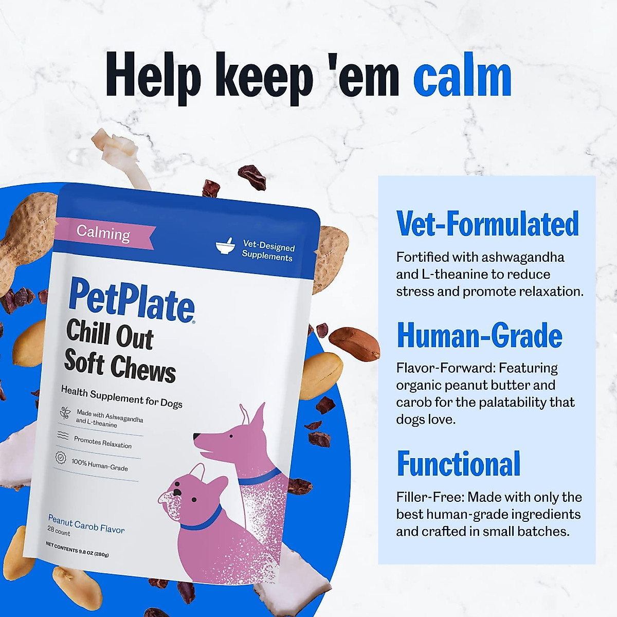 PetPlate Chill Out Soft Chews, Calming and Relaxation Support Supplement for Dogs, Organic and Human-Grade Ingredients, Includes Ashwagandha & L-theanine, Pet Supplies (Pack of 1, 9.8 Ounce)