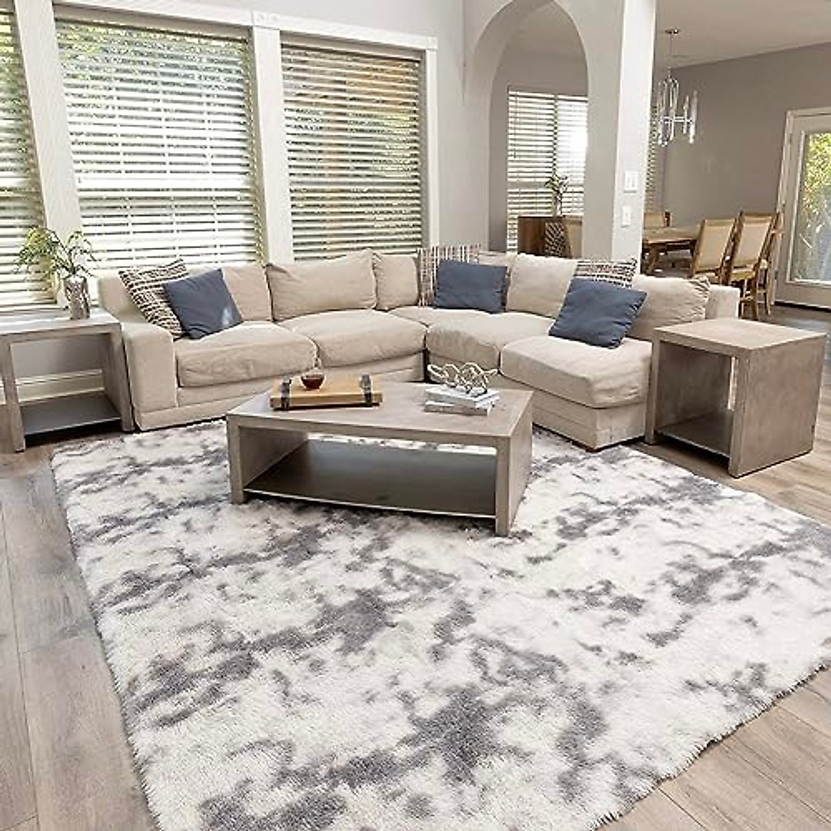 Ophanie 8x10 Area Rugs for Living Room, Large Shag Bedroom Carpet, Tie-Dyed Grey&White Big Indoor Thick Soft Nursery Rug, Fluffy Carpets for Boy and Girls Room Dorm Home Decor Aesthetic