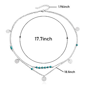Tgirls Boho Turquoise Necklace Silver Sequin Pendant Necklace Layered Beaded Necklaces Chain Western Necklace Jewelry for Women and Girls