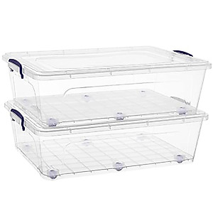 Superio Under Bed Storage Containers with Wheels (2 Pack), Flat Clear Storage Bin Stackable Large Storage Latch Box with Lids Store Cloths, Bedding, Linen, For Under The Bed, Garage, Home