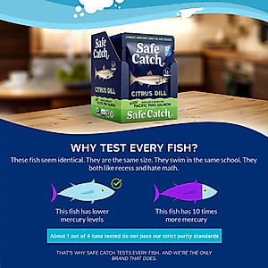 Safe Catch Skinless and Boneless Wild Pacific Pink Salmon Pouch, Citrus Dill Seasoned, Mercury Tested, Kosher, 2.6oz Pouches, Pack of 12