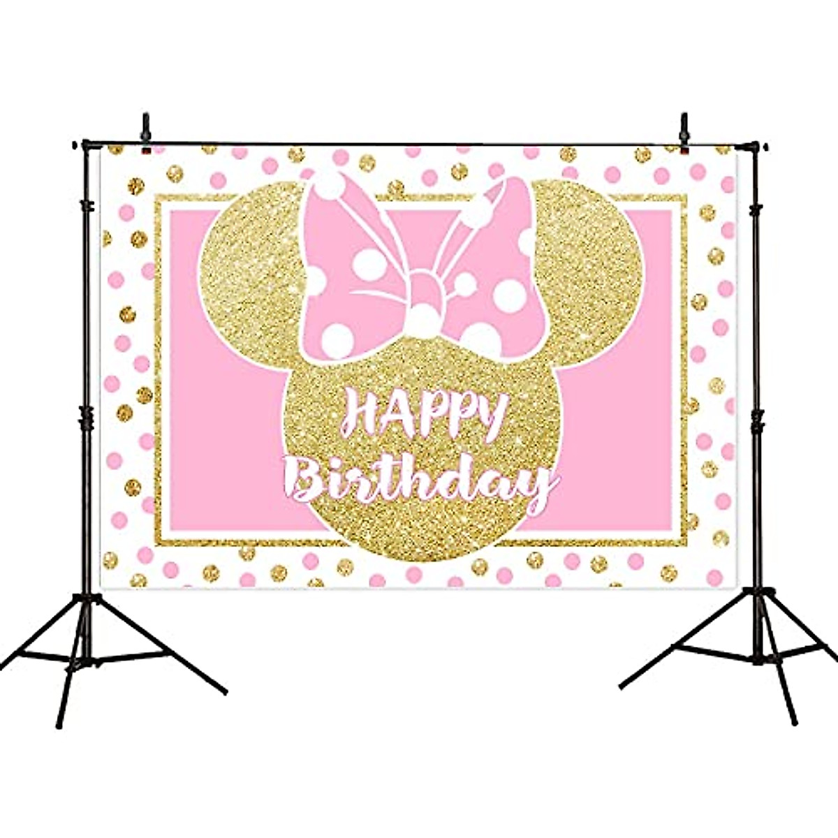 Riyidecor 7x5ft Happy Birthday Backdrop Mouse Pink Gold Polka Dots Princess Girl Photography Background Newborn Baby Shower Party Decoration Celebration Banner Props Photo Shoot Studio Fabric Cloth