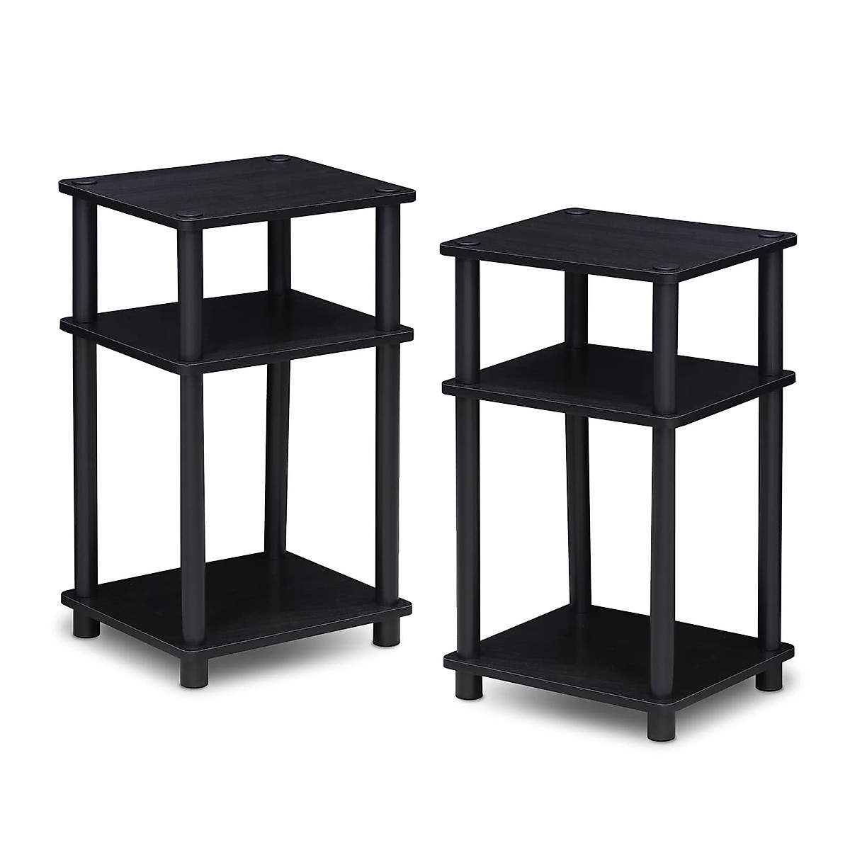 Furinno Turn-N-Tube 5-Tier Corner Square Rack Display Shelf, Round, Espresso/Black & Just 3-Tier Turn-N-Tube End Table/Side Table/Night Stand/Bedside Table, 2-Pack, Americano/Black