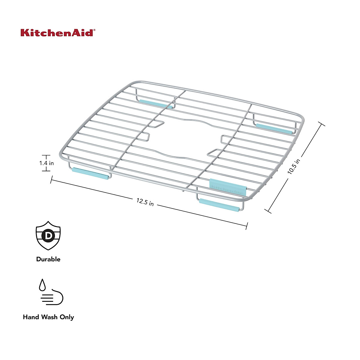 KitchenAid Rust Resistant Small Protector with Non Slip Feet and Center Opening for Sink Stopper and Quick Drying, 10.5 x 12.5 x 1.4 Inch, Mineral Water