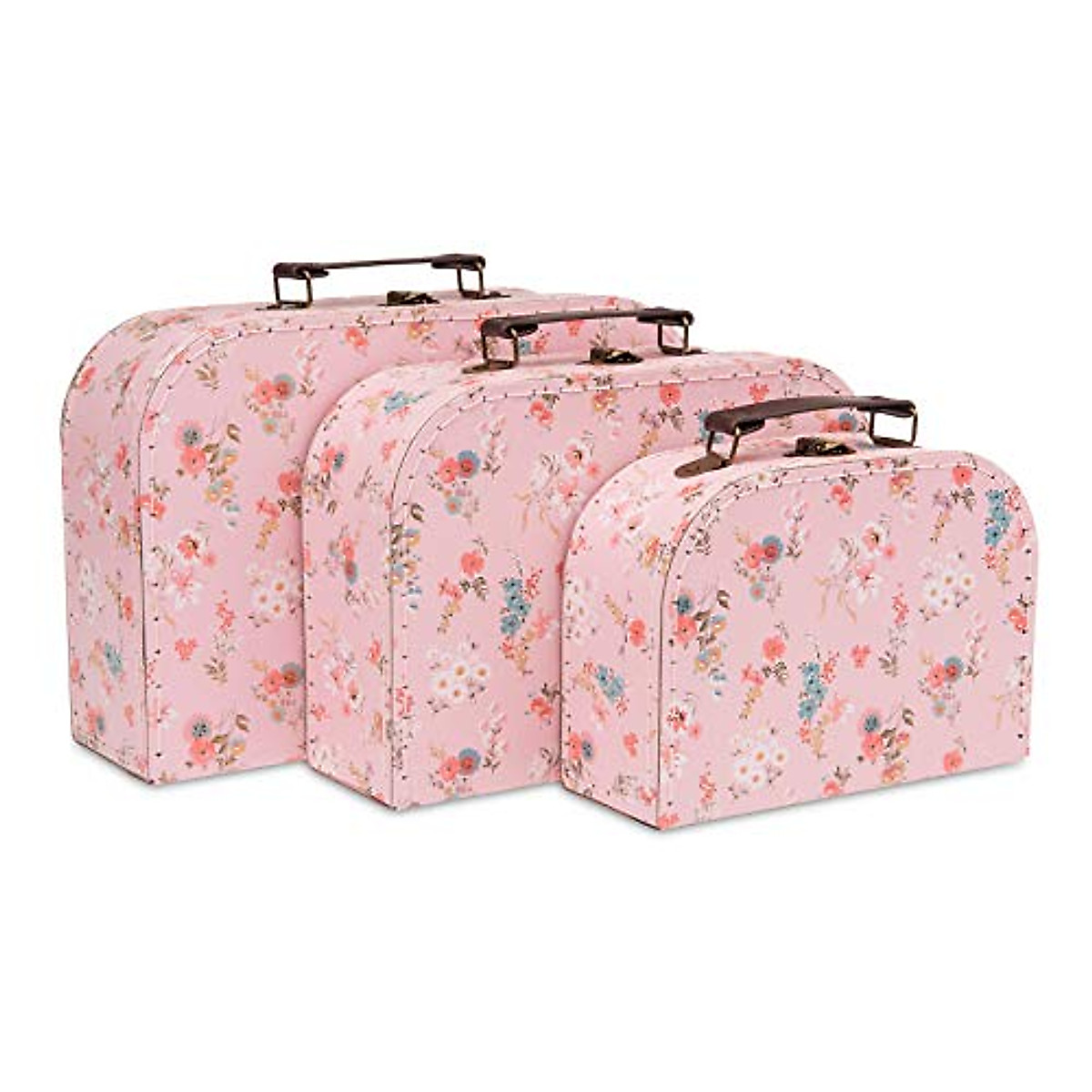 Jewelkeeper Paperboard Suitcases, Set of 3 - Vintage Decorative Storage Box, Luggage Decor Storage, Vintage Decor for Birthdays and Weddings, Pink Floral Design