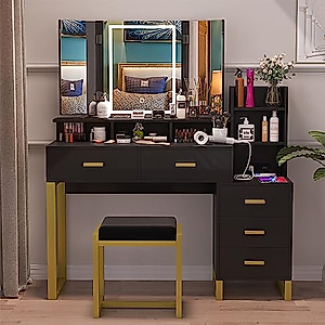 PAKASEPT Makeup Vanity with Tri-fold Makeup Mirror, Vanity Desk with 3-Color Adjustable Touch Light, Charging Station, Vanity Table with Nightstand,5 Drawers, Storage Shelves&Cushioned Stool…