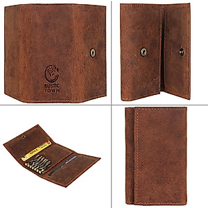 RUSTIC TOWN Slim Compact Leather Key Holder Wallet Pouch Gifts Him Her Men and Women (Brown)