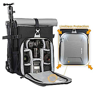 TARION XH Camera Bag Hard Shell Camera Backpack Hardcase Camera Bag Roll Top DSLR Backpack Bag with 15" Laptop Compartment Waterproof Raincover for Cameras Lens Tripod Outdoor Men Women Color Silver