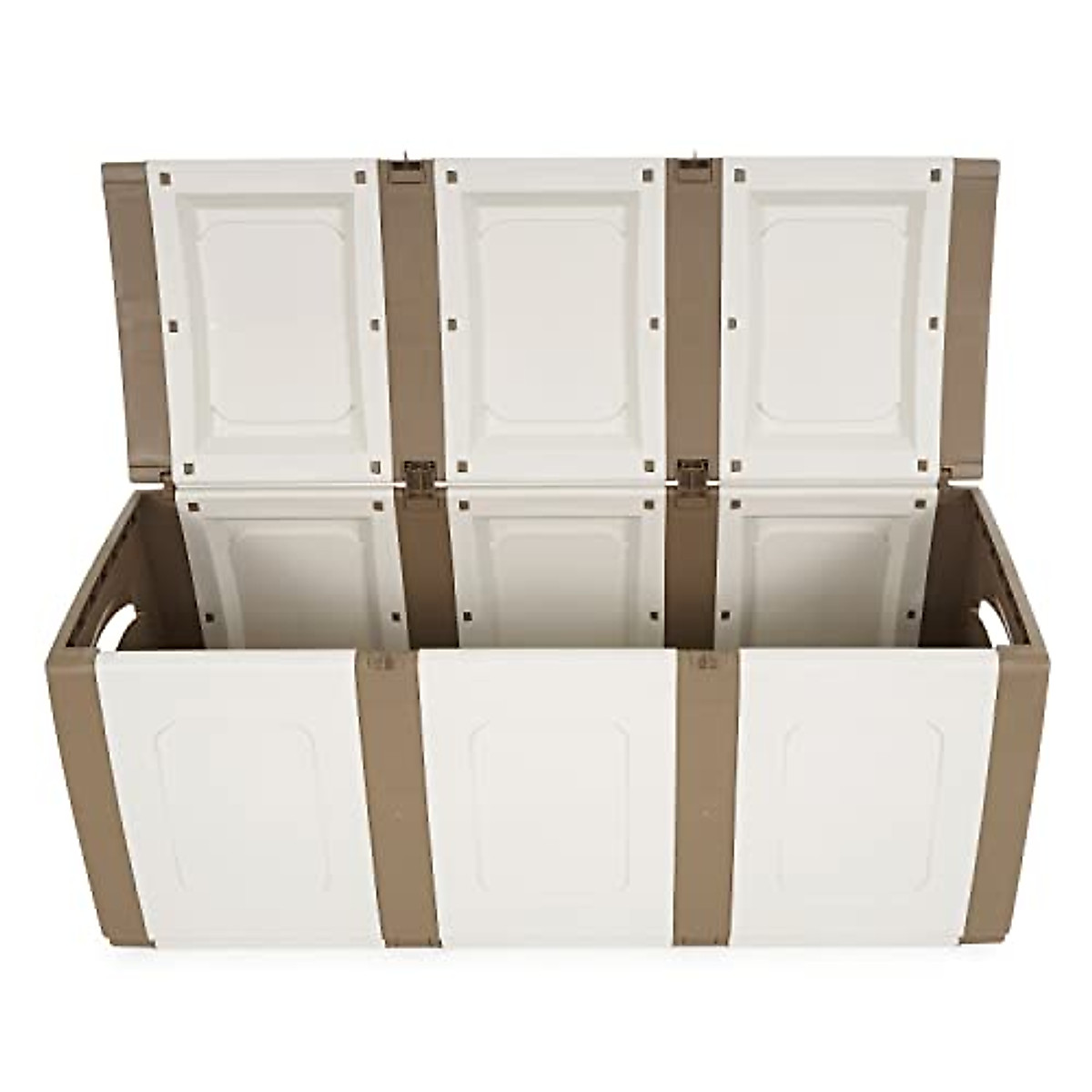 Homeplast Bold Indoor Outdoor Plastic Storage Trunk Resin Deck Box for Storing Pillows, Patio Cushions, and Firewood, 79 Gallon Capacity, Beige/White