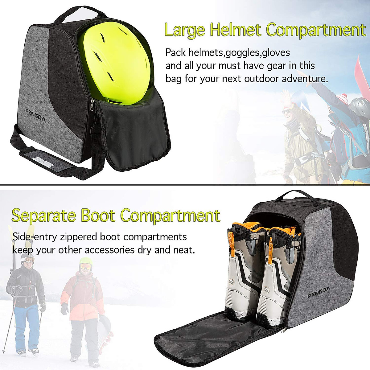 PENGDA Ski Boot Bag - Boot Bag Kids Waterproof Ski Boot Snowboard Boot Bag Travel Ski Boot and Helmet Bag for Goggles, Gloves, Ski Apparel & Boot Storage (Dry& Wet Separate Compartments) (Black Grey)