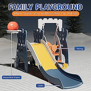 UNICOO - Toddler Slide and Swing Set, 4 in 1 Kids Indoor and Outdoor Playground Combination Climber/Slide/Swing/Basketball Hoop for Boys & Girls (Dark Blue)
