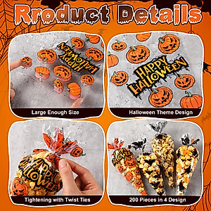 Pasimy 200 Pcs Halloween Cone Bags Trick or Treat Cellophane Clear Sweet Bags Triangle Cones Popcorn Bags Pumpkin Spider Witch Bat Candy Bags for Kids Halloween Birthday Party Supplies