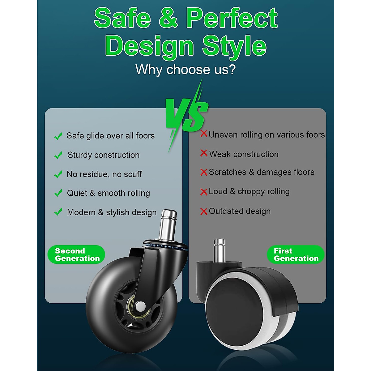 Rollerblade Office Chair Caster Wheels, Noise Free Chair Casters Set of 5 for Carpet, Hardwood Floor and Tile, Universal Fit for Most Chairs NOT Compatible for IKEA (Black)