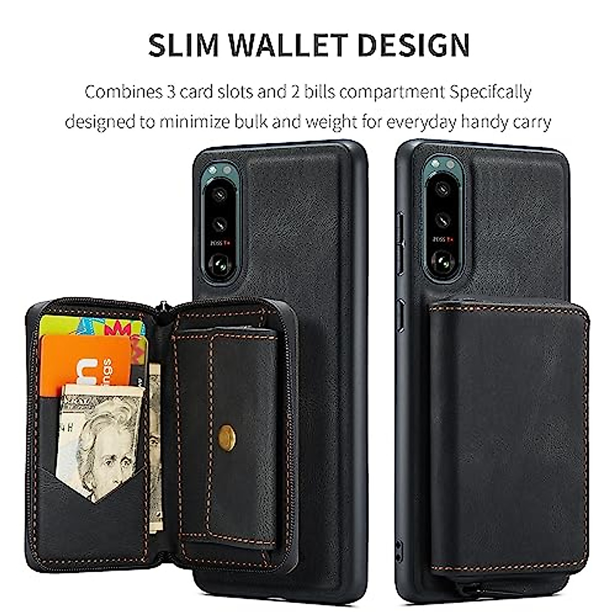 Phone Case for Sony Xperia 5 III 3 / Xperia5III 5G Wallet Cover with Tempered Glass Screen Protector and Credit Card Holder Zipper Stand Cell Accessories Experia 5III 5G XQ-BC72 Women Men Black