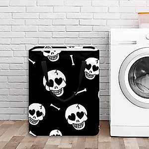 Heart Eye Skull and Bones Print Collapsible Laundry Hamper, 60L Waterproof Laundry Baskets Washing Bin Clothes Toys Storage for Dorm Bathroom Bedroom