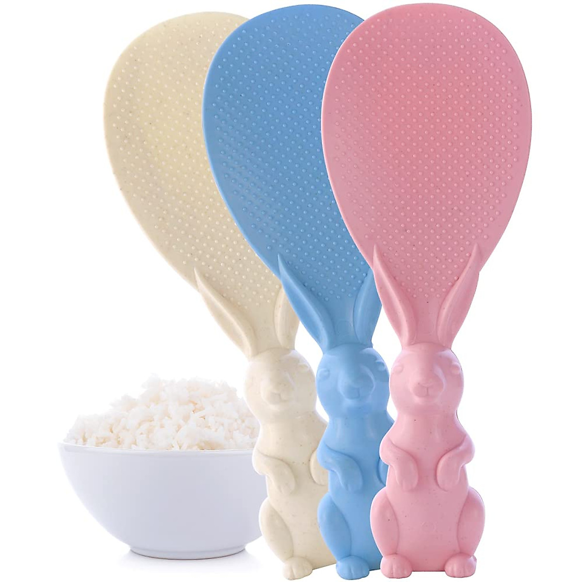 HengKe 3 Pieces Rabbit Shape Rice Paddle Bunny Cartoon Rice Spoon Non-stick Rice Spatula Stand-up Rice Spoon Paddle Standing Rice Cooker Spoon Stand-able Rice Serving Spoons Vertical Rice Scoop