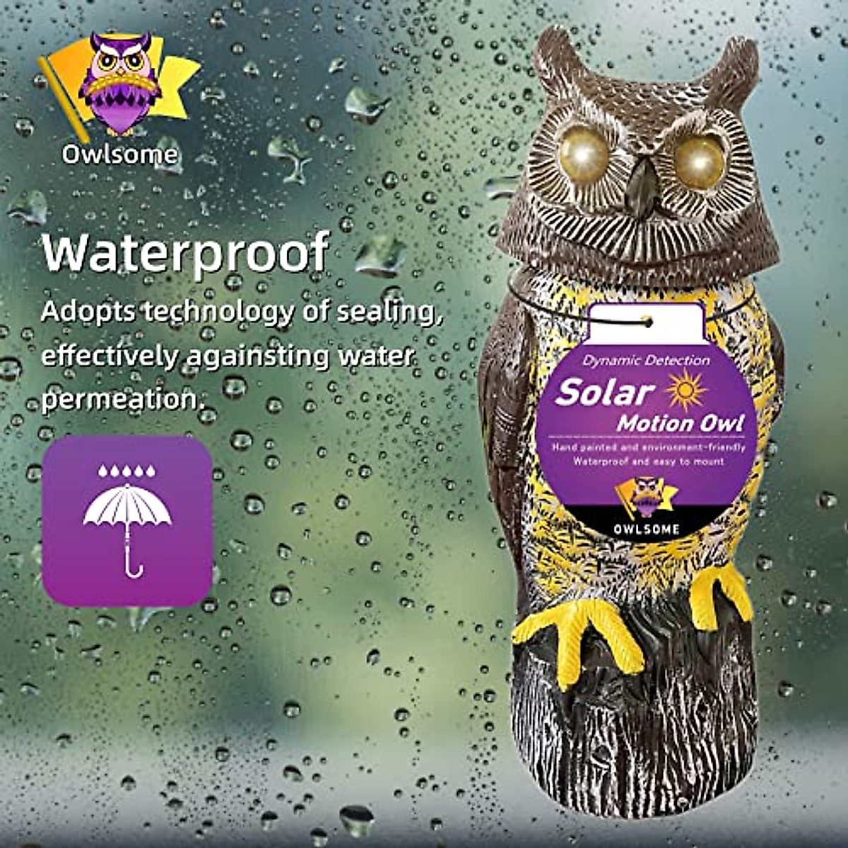Owlsome Solar Owl with Flashing Eyes, Rotating Head, Hoot Sound, Motion Detector and Silent Mode, Plastic Owl Garden Sculpture, Garden Decoration