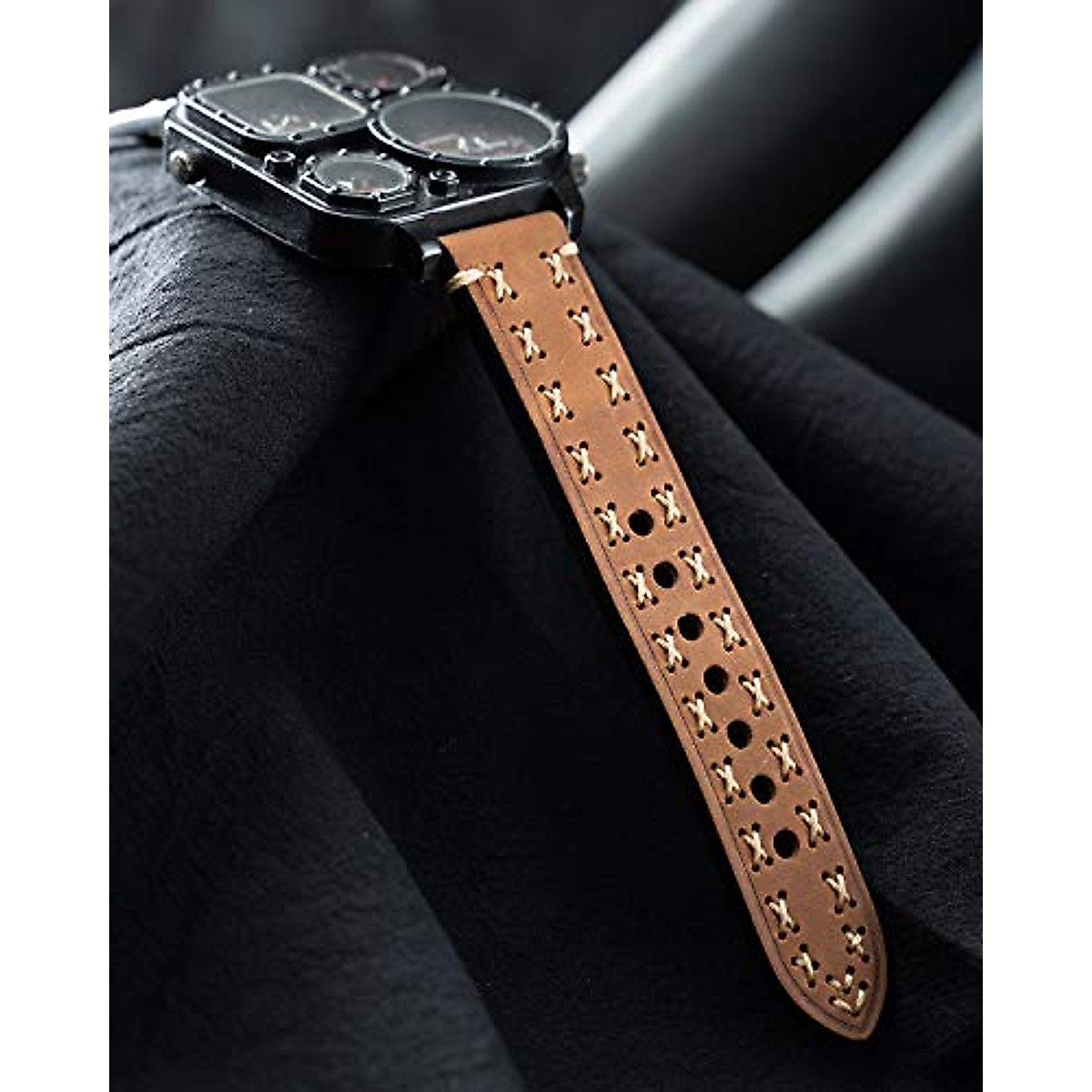 BINLUN Replacement Watch Bands Compatible with Samsung Galaxy Watch, Compatible with Huawei Watch, Compatible with Garmin Smartwatch Thick Oil Leather Watch Strap with X-Type Thick Line20/22/24mm