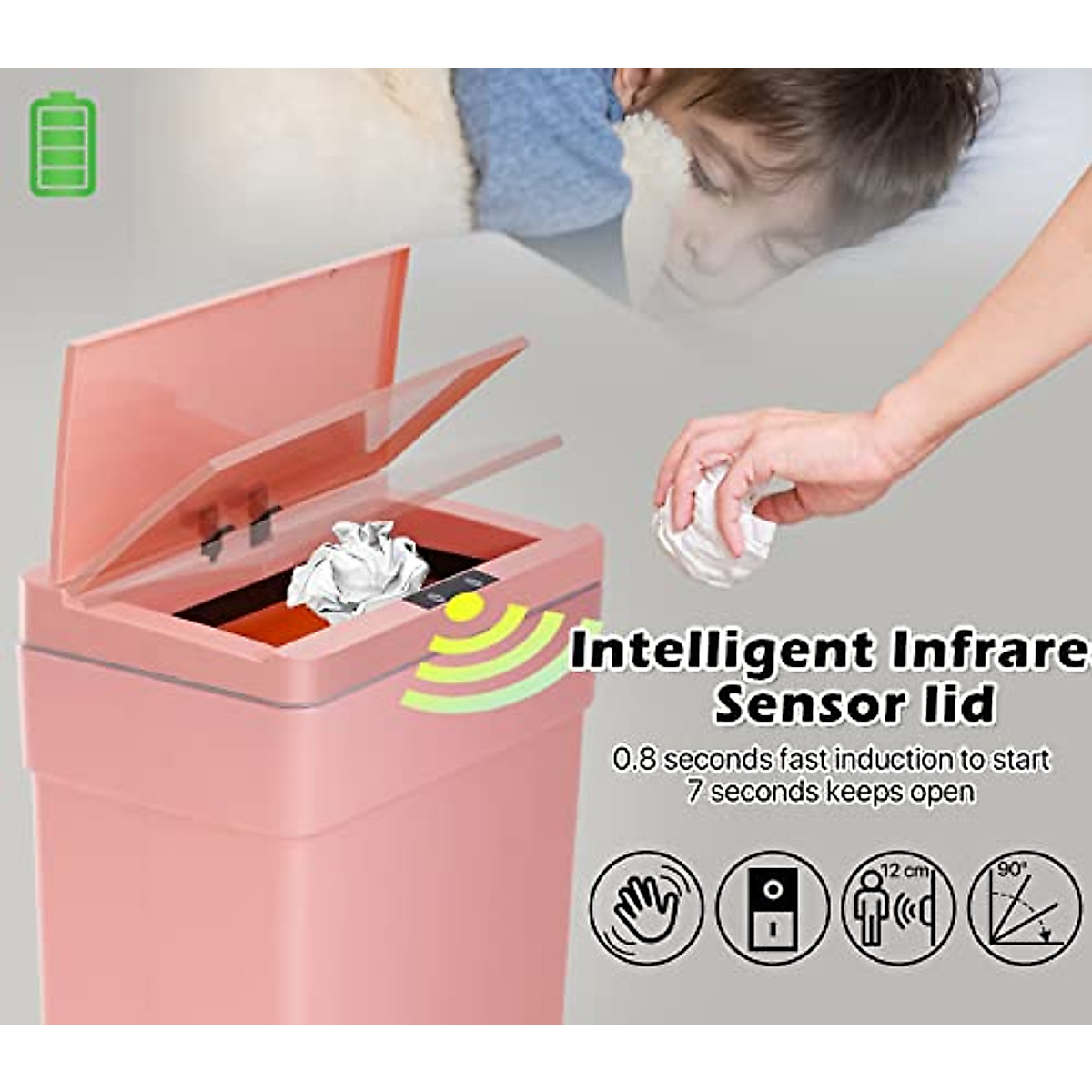 GINMAON 13 Gallon Trash Can Automatic Kitchen Trash Can, Plastic Large Capacity Garbage Can Bathroom Rubbish Can with Lid, Smart Trash Can Waste Bin for Narrow Space, Pink